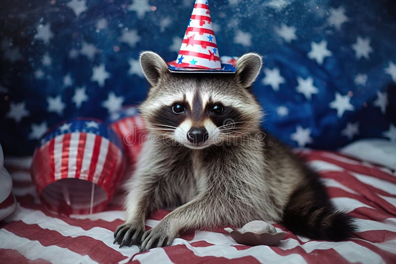 A Raccoon Wearing a Party Hat on a Bed. Generative AI Image. Stock ...