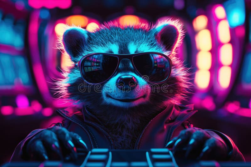 Raccoon Wearing Sunglasses and Playing on a Computer Keyboard in a ...