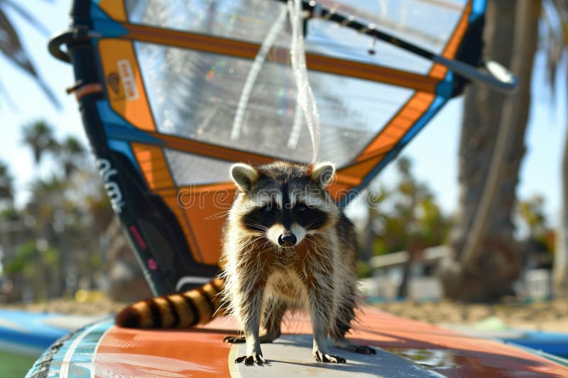 Raccoon on a Windsurf Board, Sail Catching Wind Above Stock Photo ...