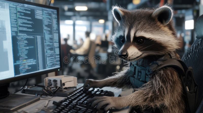 Raccoon Working at a Computer in a Busy Office Setting, Engaging in ...