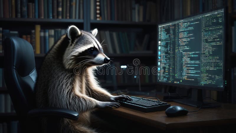 Raccoon Working Late at Night, Programming on Computer in Office Library Stock Photo - Image of ...