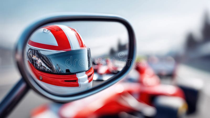 A Race Car Driver S Helmet is Reflected in the Side Mirror, Captured in ...
