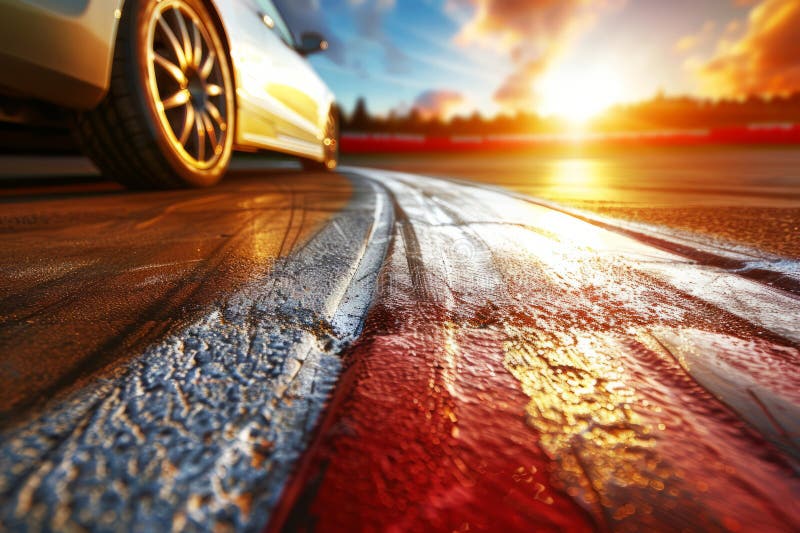 Race Car Driving on Track at Sunset Stock Photo - Image of curb, park ...