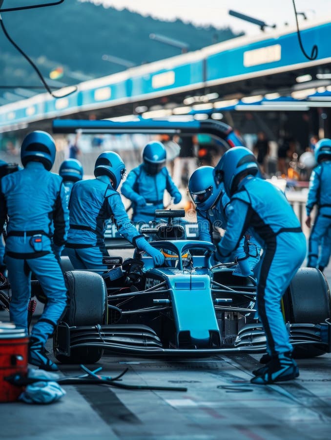 Race Car Pulls into Pit Lane on Wet Track, Surrounded by Focused Pit ...