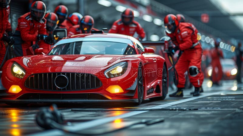 Race Car Pulls into Pit Lane on Wet Track, Surrounded by Focused Pit ...