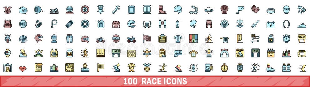 100 Race Icons Set, Color Line Style Stock Illustration - Illustration ...