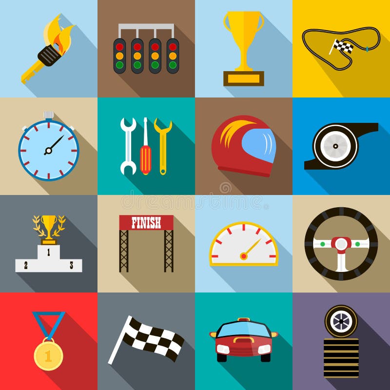 Race icons set, flat style stock vector. Illustration of drive - 73902514