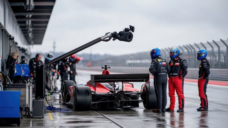 Race Team Analyzing Weather and Track Data at Circuit Dynamic Pit Stop ...