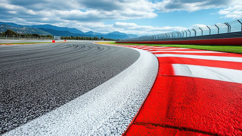 Race Track Curve with Red and White Lines, Asphalt, Mountains in ...