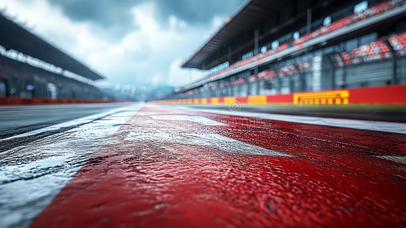 Race Track with Red and White Lines Under Cloudy Sky, Focus on Asphalt ...