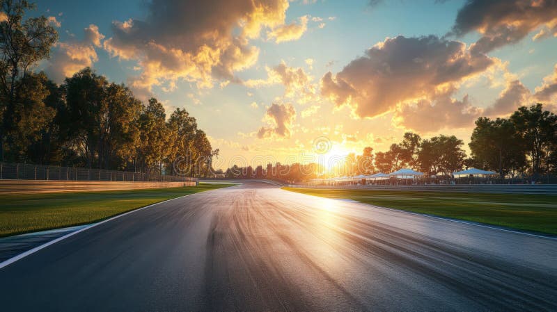 Race Track Sunset: Asphalt Road Winding through Trees Stock ...