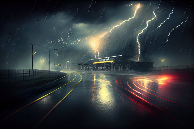 Race Track during a Thunderstorm, with Lightning and Rain Adding an ...