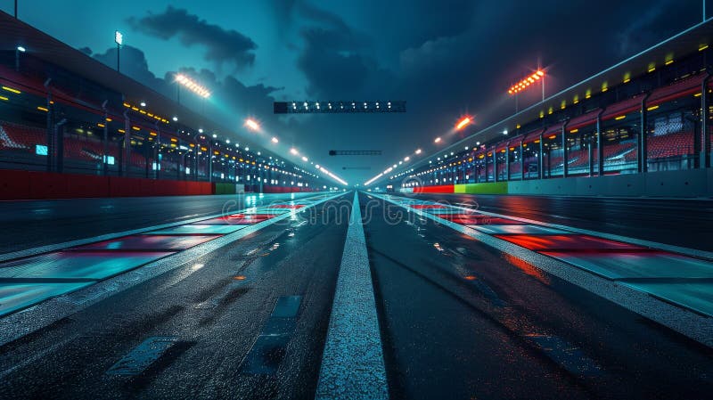A Race Track with a Wet Track at Night Stock Image - Image of city ...