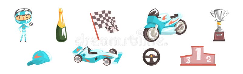 Racer Object and Items for Speed Racing Competition Vector Set Stock ...