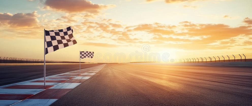 A Racetrack S Finish Line is Set Against a Backdrop of Checkered Flags at Sunset Stock Photo ...