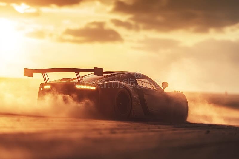 Racing Car Drifting on a Dusty Track at Sunset Stock Image - Image of ...