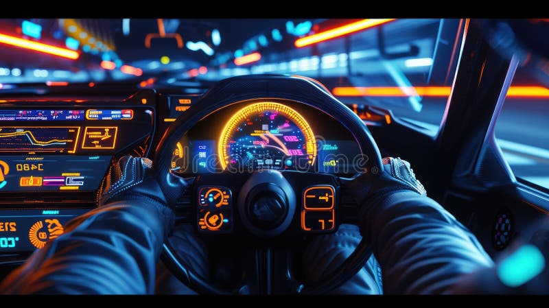 Racing Car Driver Driving Surrounded with Panel with Blurring ...