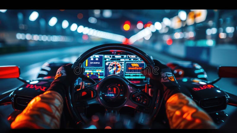 Racing Car Driver Driving Surrounded with Panel with Blurring ...