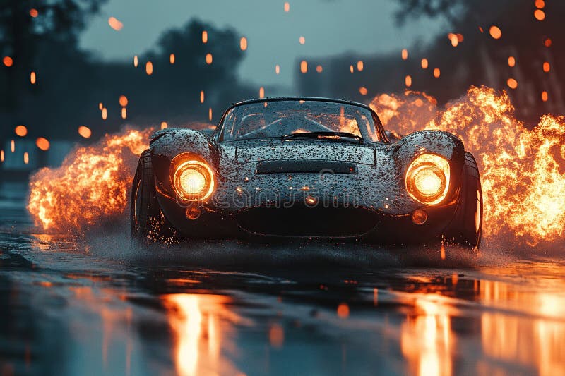 A Racing Car with Flames of Fire Bursting Out from Under Its Wheels on ...