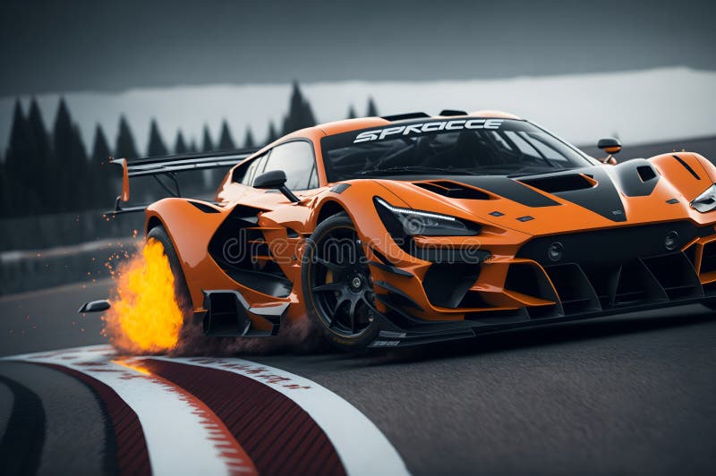 Racing Car on the Road, 3d Rendering, Fast Motion and Fire from Wheels ...