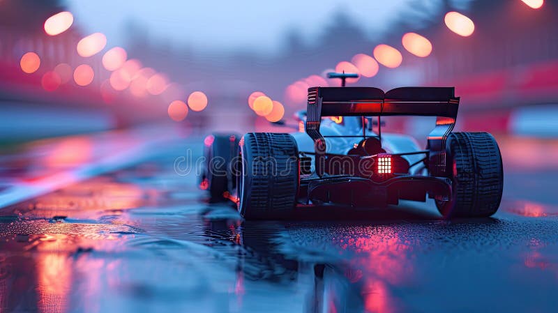 Racing Car on a Wet Track with Red Bokeh Lights. Stock Image - Image of ...