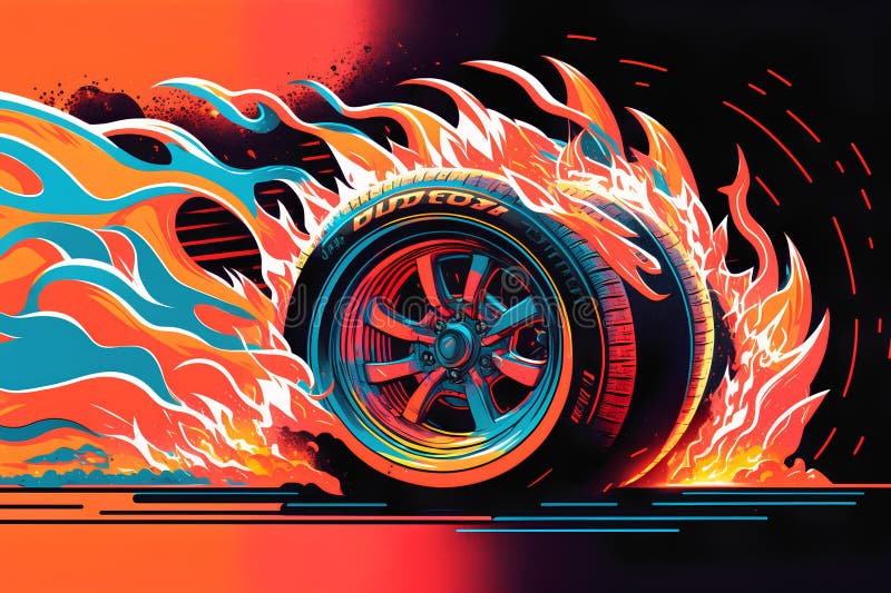 Racing Car Wheel on Fire Flames Background. Vector Illustration Stock ...