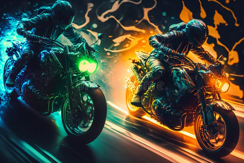 Racing Cyberpunk Motorcycles Down a Road Stock Illustration ...