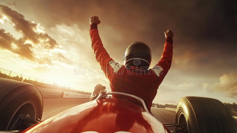 Racing Driver Celebrates His Win Under Bright Stadium Lights. 100 ...