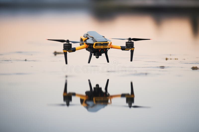 Racing Drone Flying Low Over a Reflective Water Surface Stock Image ...