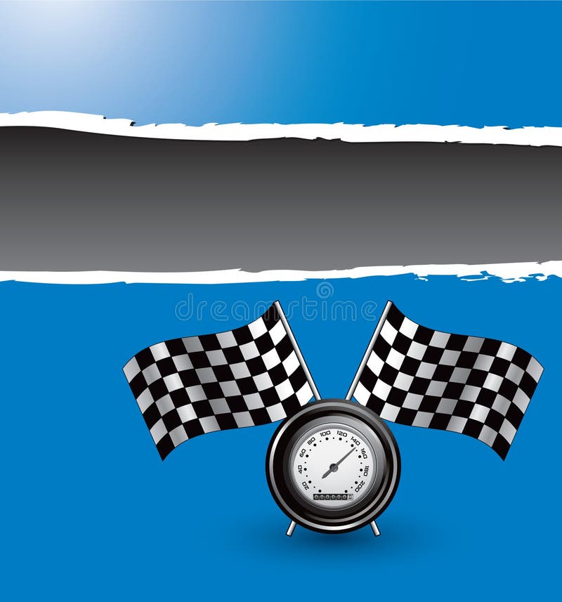 Racing flags and speedometer on blue ripped banner stock illustration
