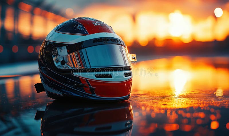 Racing Helmet Reflecting Sunset on Wet Surface at Racetrack Stock Image ...