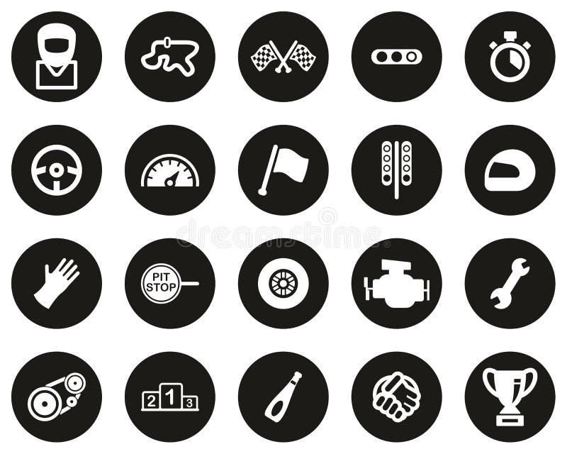 Racing Icons White on Black Flat Design Circle Set Big Stock Vector ...