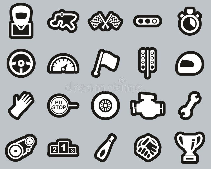 Racing Icons White on Black Sticker Set Big Stock Vector - Illustration ...