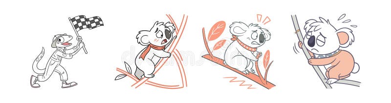 Racing Lizard and Cute Scared Koalas Cartoon Characters Stock Vector ...