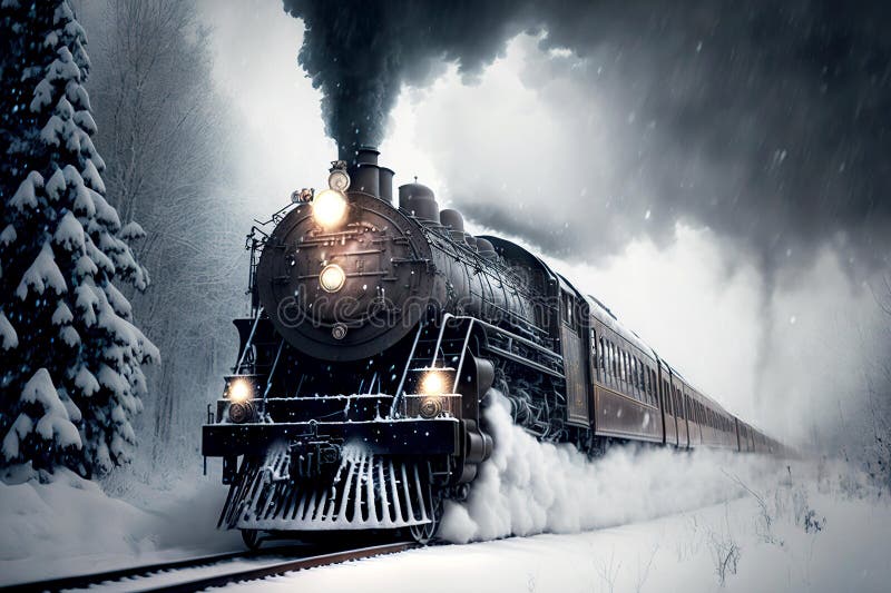Racing Polar Express Train with Flashlight in Front Sweeps Snow Stock ...