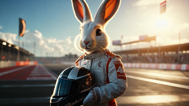 A Racing Rabbit in a Professional Suit Standing on a Racetrack with a ...