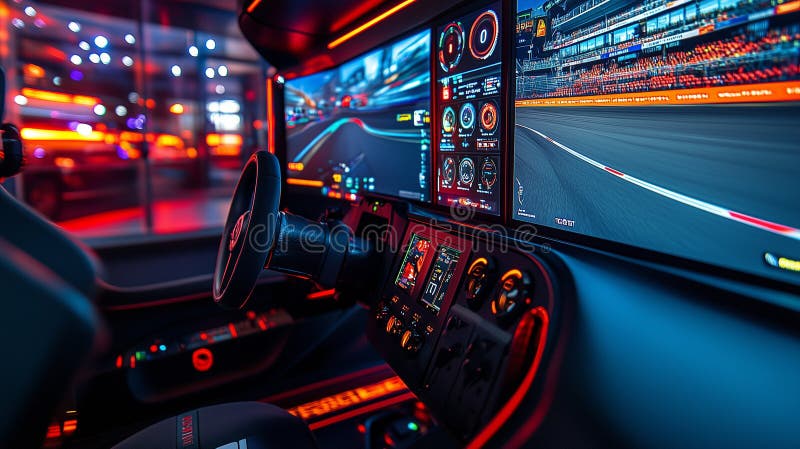 Interior View of a Racing Simulator with Multiple Display Screens Setup ...