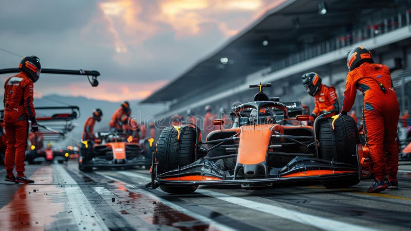 The Racing Team is Working on the Pit Stop. a Racing Car Goes through a ...