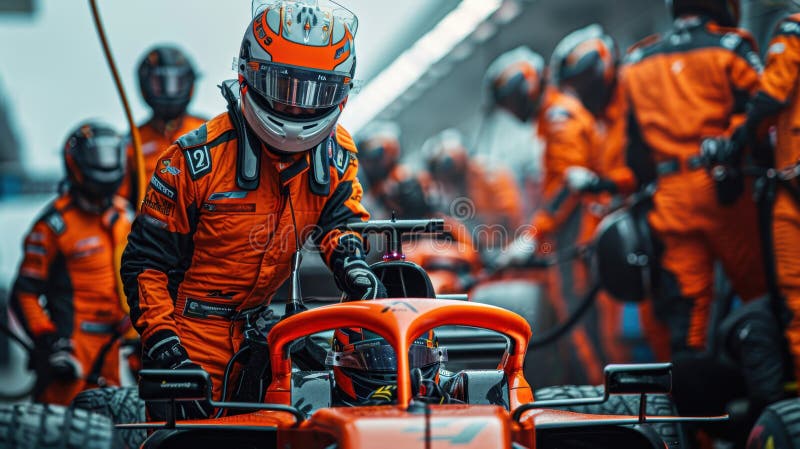 The Racing Team is Working on the Pit Stop. a Racing Car Goes through a ...