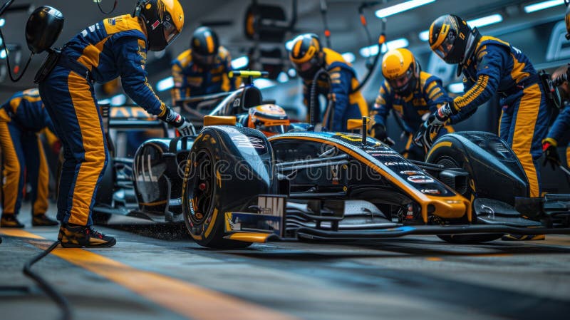 The Racing Team is Working on the Pit Stop. a Racing Car Goes through a ...