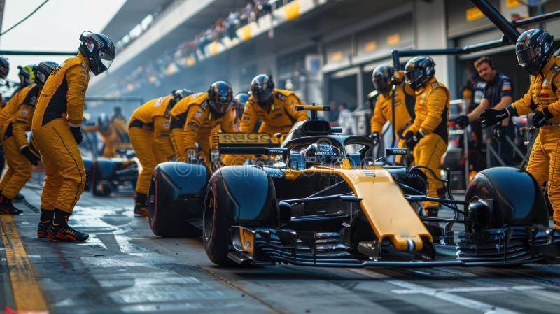 The Racing Team is Working on the Pit Stop. a Racing Car Goes through a ...