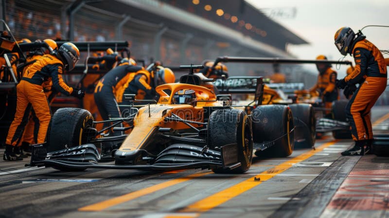 The Racing Team is Working on the Pit Stop. a Racing Car Goes through a ...