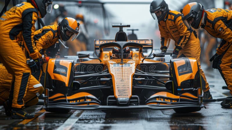 The Racing Team is Working on the Pit Stop. a Racing Car Goes through a ...