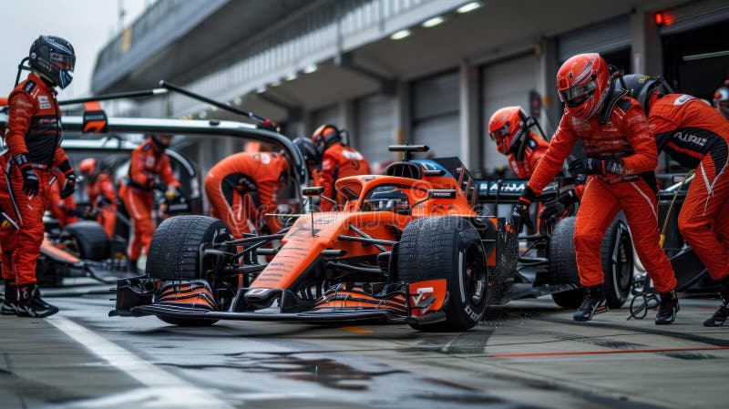 The Racing Team is Working on the Pit Stop. a Racing Car Goes through a ...