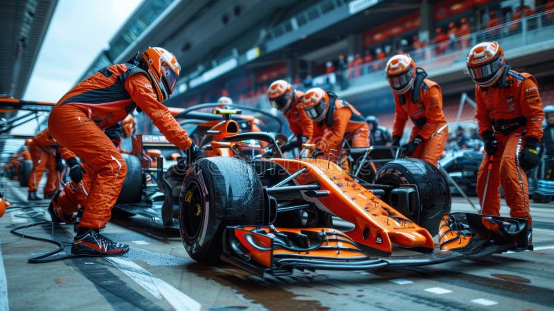 The Racing Team is Working on the Pit Stop. a Racing Car Goes through a ...