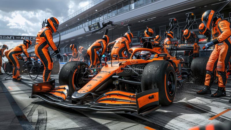 The Racing Team is Working on the Pit Stop. a Racing Car Goes through a ...
