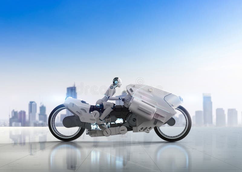 Racing Technology with Robot Riding on Motorbike with Speed Stock ...