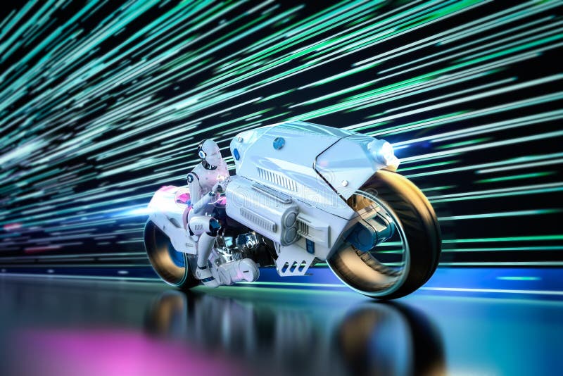 Racing Technology with Robot Riding on Motorbike with Speed Stock ...
