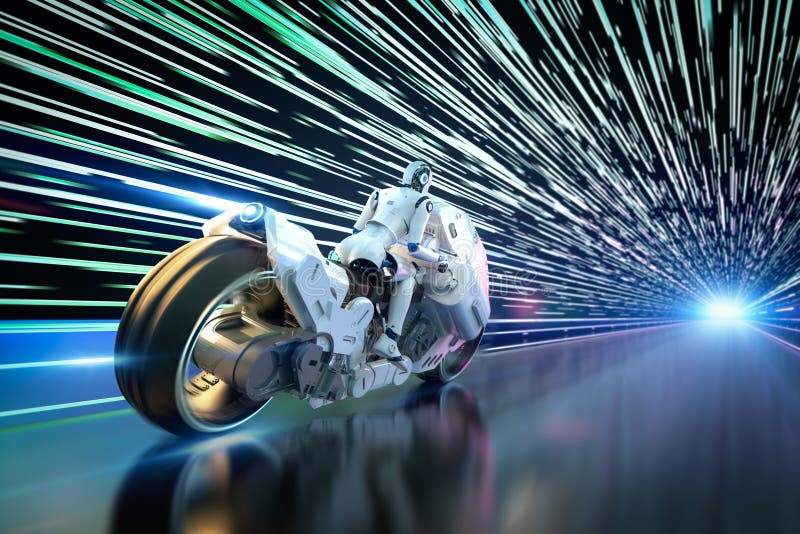 Racing Technology with Robot Riding on Motorbike with Speed Stock ...