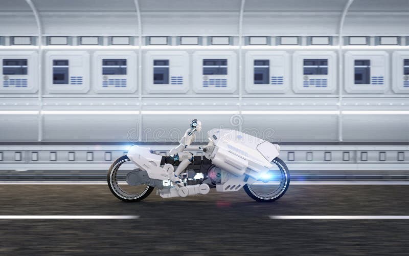 Racing Technology with Robot Riding on Motorbike with Speed Stock ...